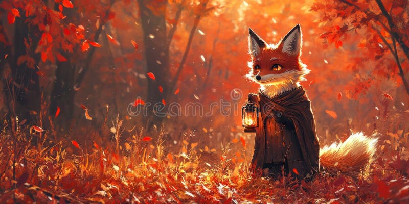 Enchanting Fox Holding Lantern in Autumn Forest Surrounded by Falling ...