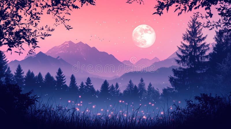 Enchanting Full Moon Above Mountains with Glowing Trees and Twilight ...