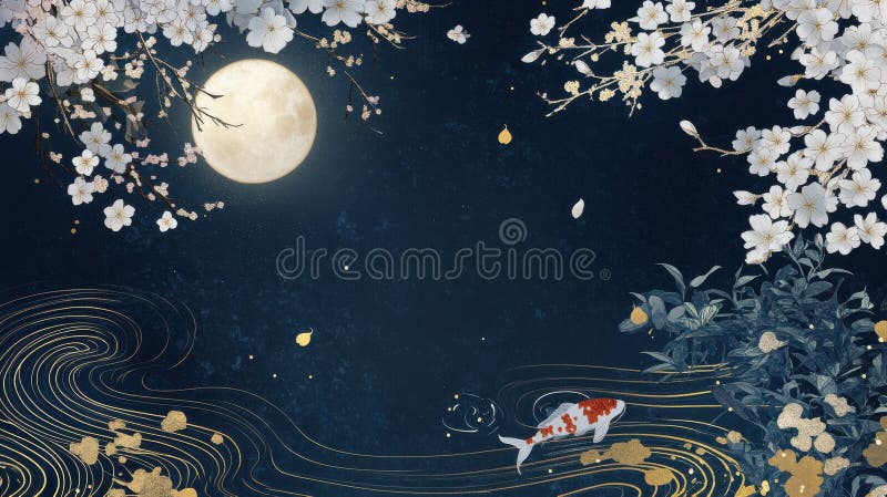Enchanting Full Moon Night with Cherry Blossoms and Koi Fish in ...
