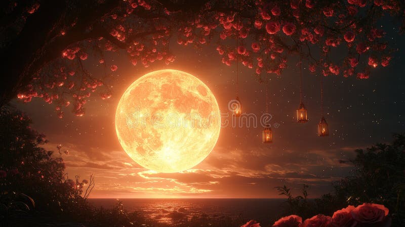 Enchanting Full Moon Over Ocean with Glowing Lanterns and Blossoms at ...