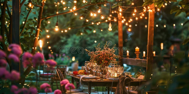 Enchanting Garden Dinner Party with String Lights at Dusk Stock Image - Image of festive, cozy ...