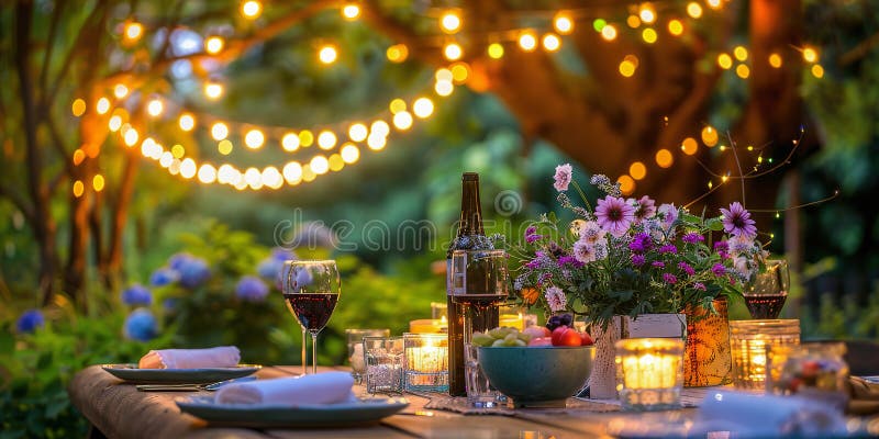 Enchanting Garden Dinner Party with String Lights at Dusk Stock Photo ...