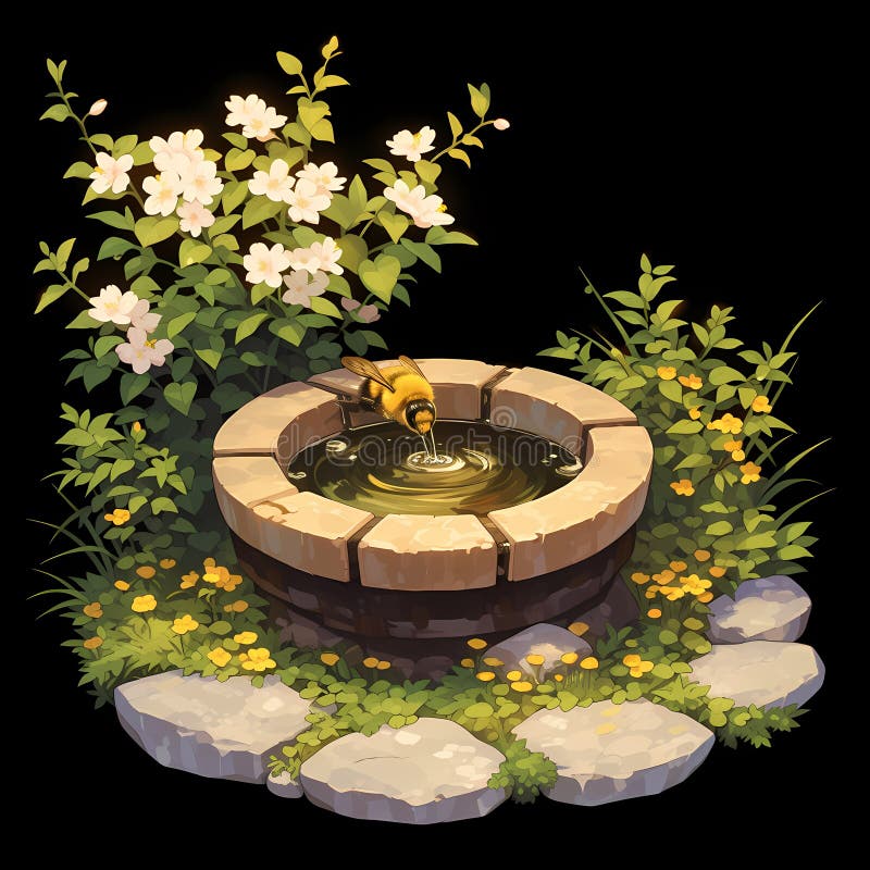Enchanting Garden Fountain with Bee, 95 Characters. Stock Illustration ...