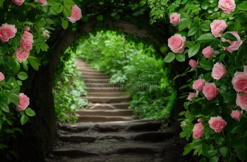 Enchanting Garden Path Framed by Pink Roses Stock Illustration ...