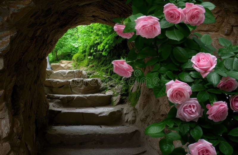 Enchanting Garden Path with Pink Roses Stock Illustration ...