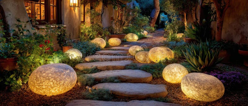 Enchanting Garden Pathway with Glowing Stones at Night Stock ...