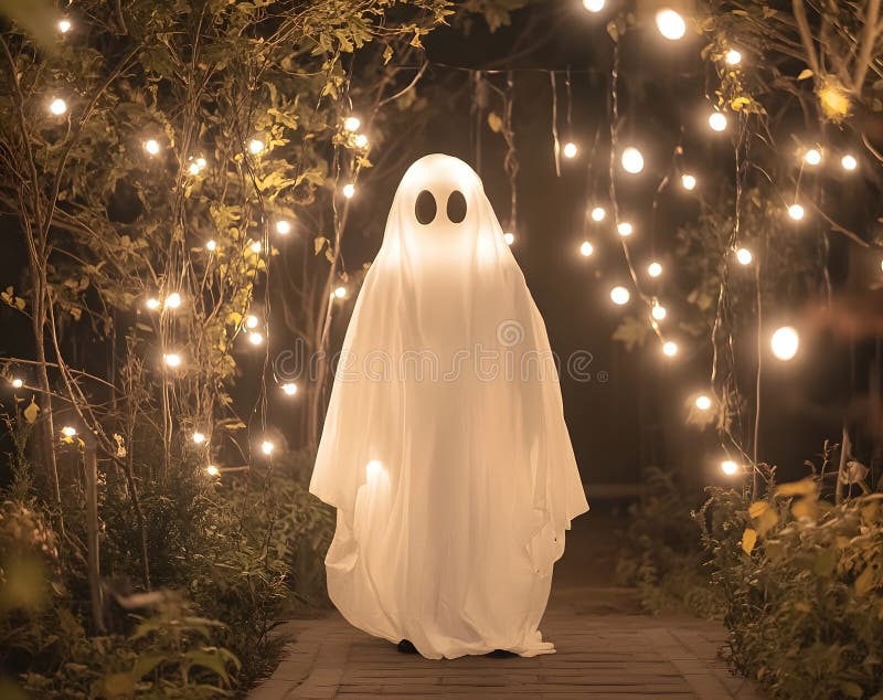 Enchanting Ghost in a Garden Illuminated by Twinkling Lights at Night ...