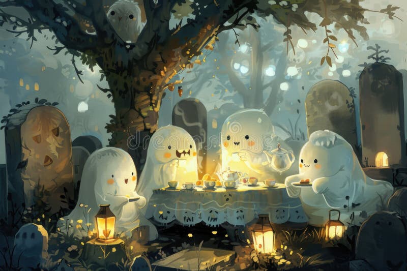 Enchanting Ghost Tea Party in a Moonlit Graveyard Setting. AI Stock ...