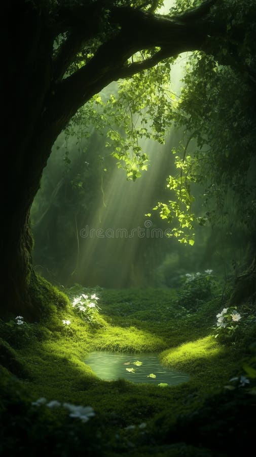Enchanting Glade with a Luminous Pond in Mystical Forest Stock ...
