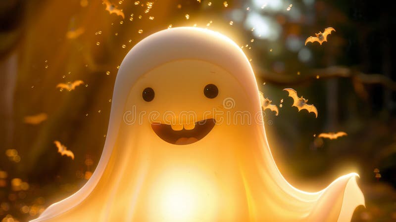 Enchanting Glow of Smiling Ghost Character in Magical Forest Stock ...