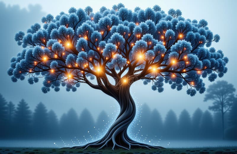 Enchanting Glowing Tree in Mystical Forest with Blue Leaves at Night ...