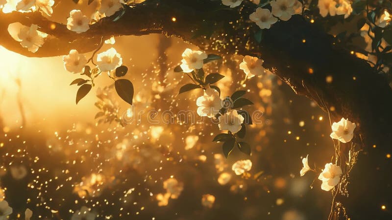 Enchanting Golden Blossom Tree in Sunlit Magical Forest Stock Video ...
