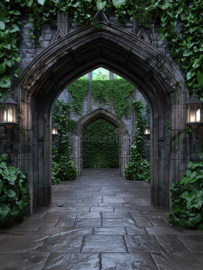 Enchanting Gothic Archway in Lush Garden Stock Illustration ...