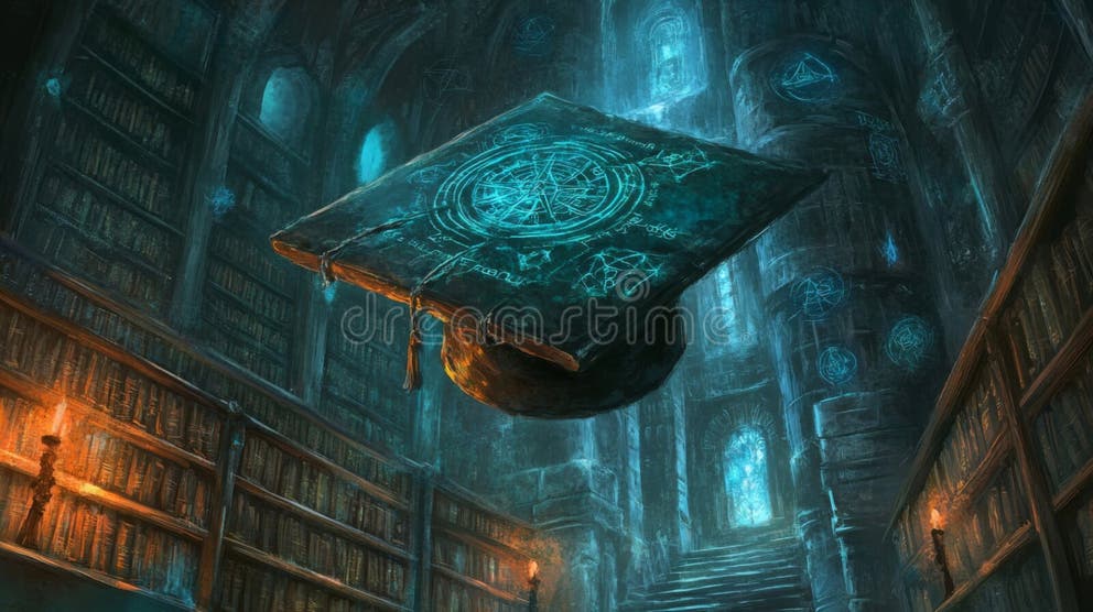 Enchanting Graduation Cap in Ancient Library Stock Illustration ...