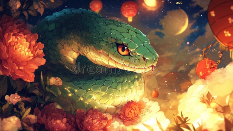 Enchanting Green Snake among Lanterns and Flowers at Night Stock Image ...