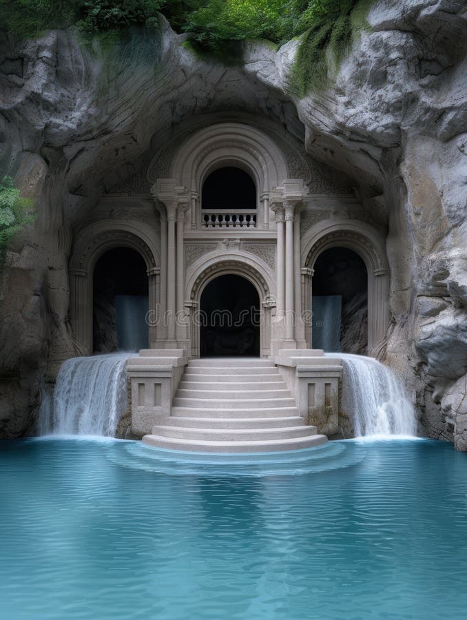 Enchanting Grotto with Ornate Stone Archway and Cascading Waterfall ...