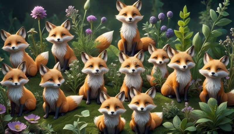 Enchanting Group of Foxes in Forest Stock Photo - Image of fantasy ...