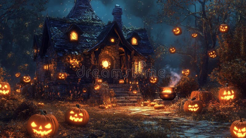 Enchanting Halloween Cottage with Jack-o -Lanterns and a Cauldron Stock ...