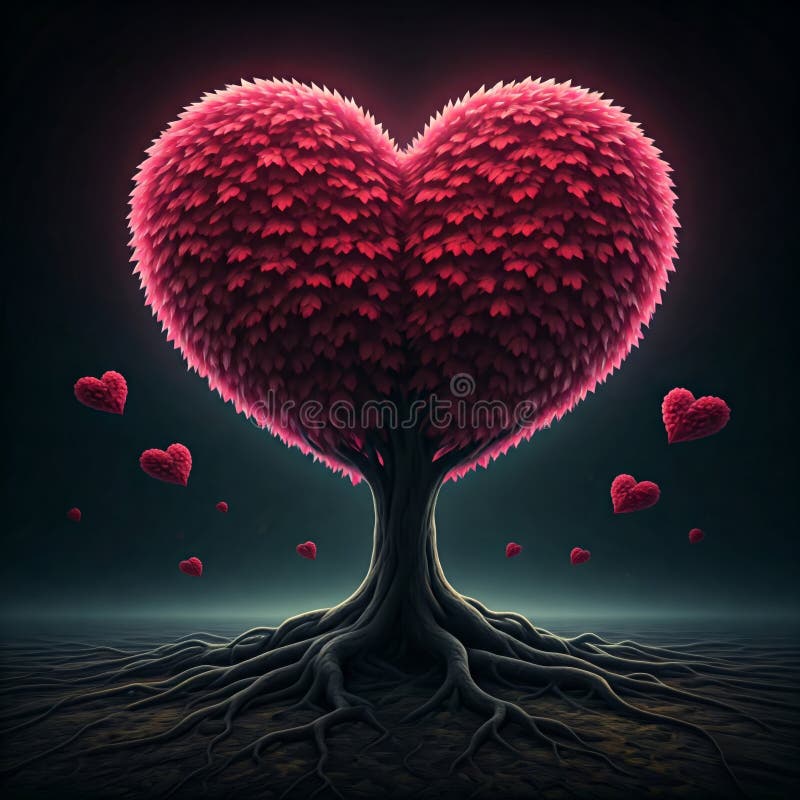 Enchanting Heart-shaped Tree of Love with Roots and Floating Hearts ...