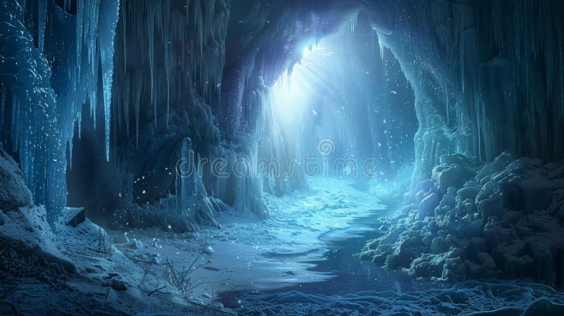 Enchanting Icy Cave Tunnel with Sparkling Icicles and Mysterious Light ...