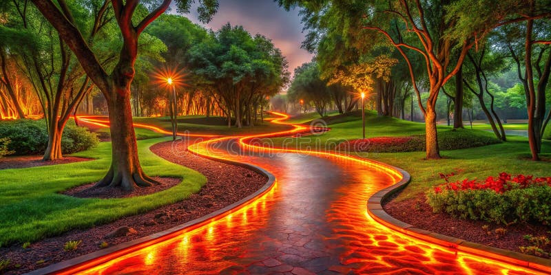 Enchanting Illuminated Lava Pathway Winding through a Night Park a ...