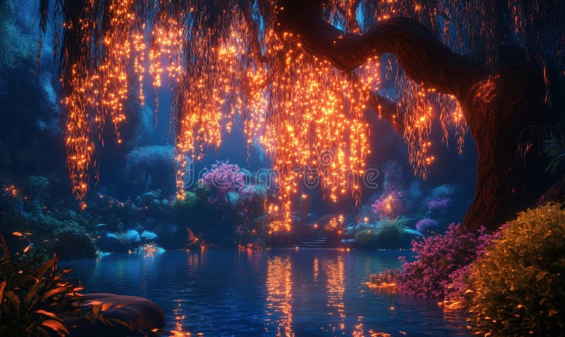Enchanting Illuminated Willow Tree by Serene Water in Magical Garden ...