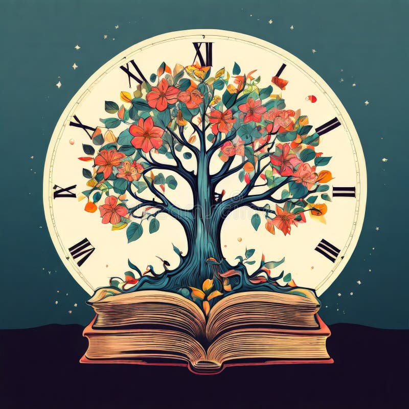 Tree of Knowledge Blooming from an Open Book with Clock Background ...