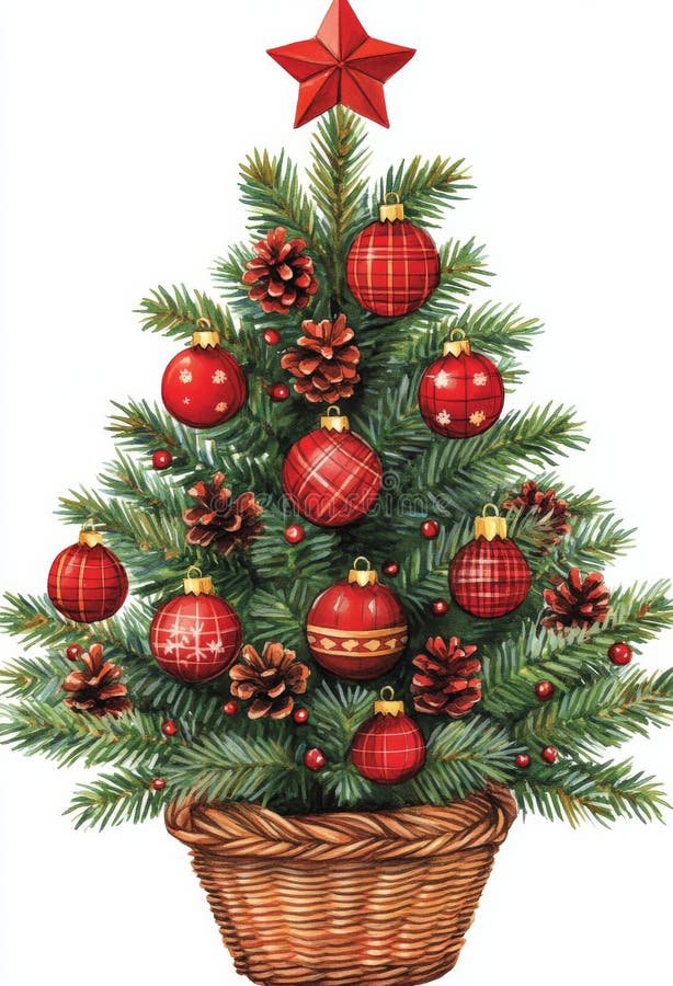 An Enchanting Illustration Showing a Christmas Tree Inside a Basket ...