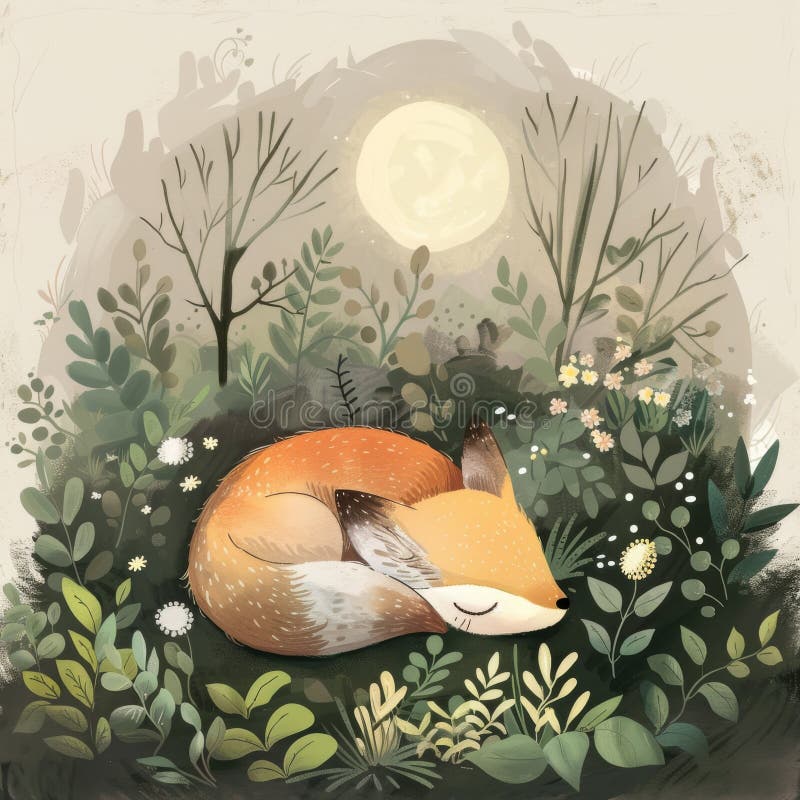 Enchanting Illustration of a Sleeping Fox in a Magical Forest Stock ...