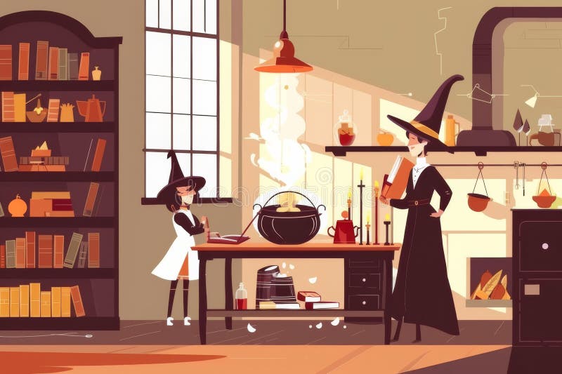 Enchanting Illustration of a Witch and Apprentice in a Magical ...