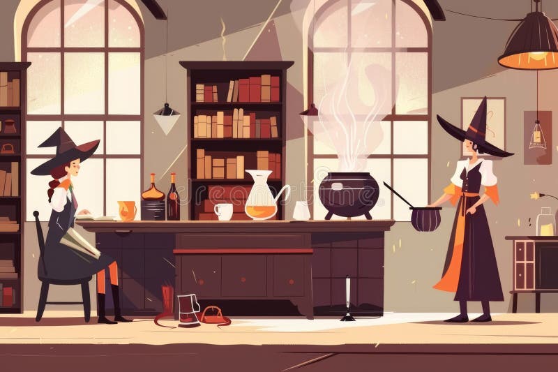 Enchanting Illustration of a Witch and Apprentice in a Magical ...