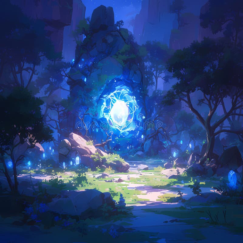 Mystical Enchanted Forest Night Scene with Blue Portal Stock ...