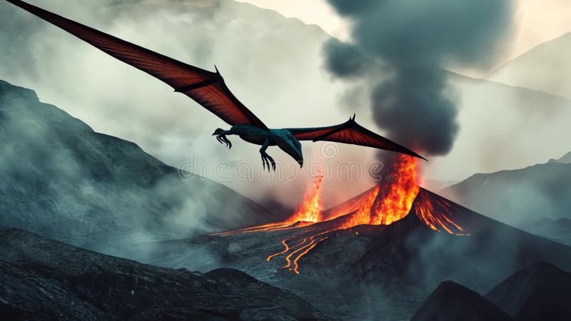 A Majestic Flying Creature Soaring Above a Volcanic Landscape Shrouded ...