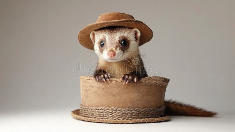 Adorable Ferret Wearing Hat Sitting Inside Brown Hat Container Stock ...