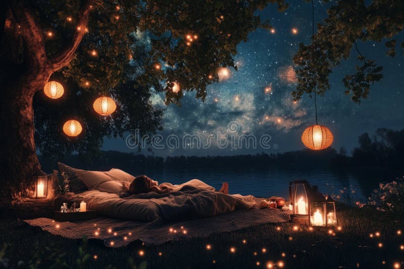 A Serene Night Scene Under a Tree with Glowing Lanterns and Candles. a ...
