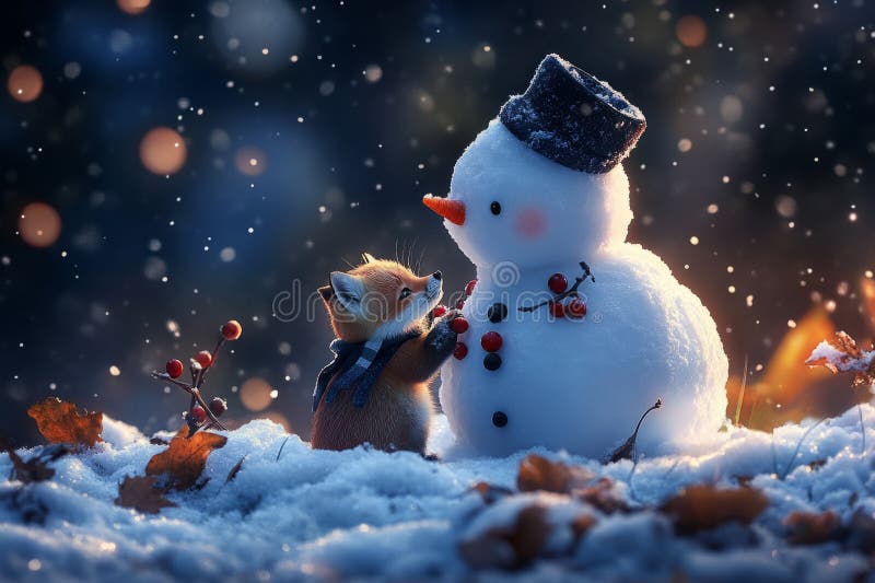 A Cute Fox Interacts with a Cheerful Snowman in a Magical Snowy ...