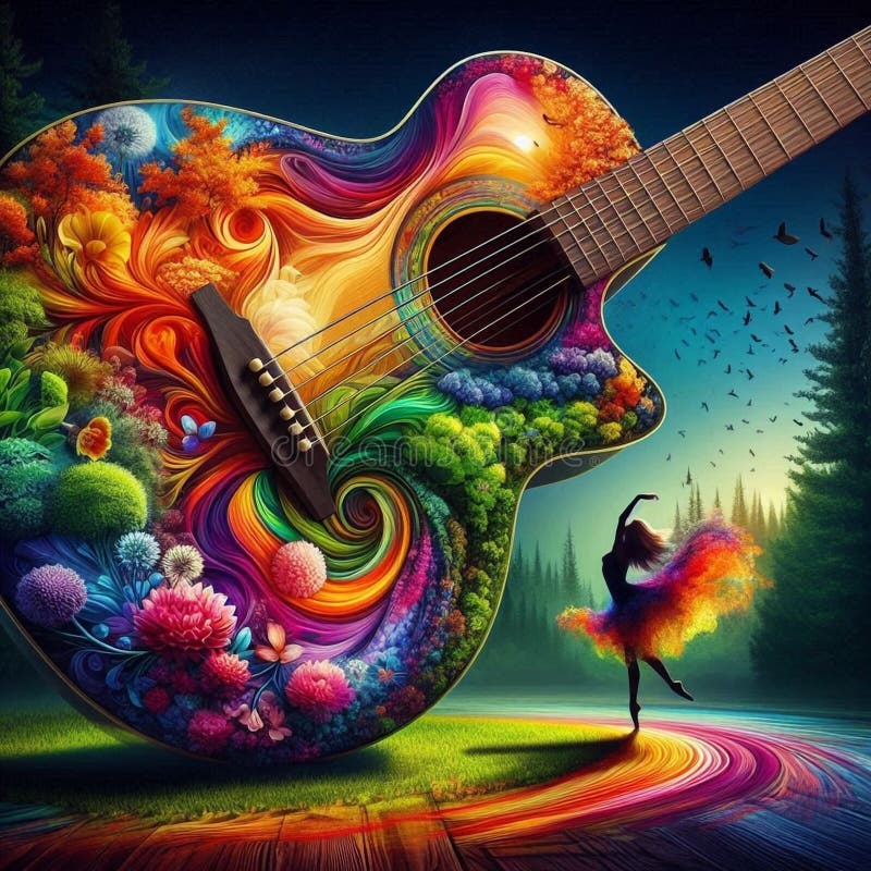 Floral Guitar with Dancing Silhouette - Whimsical Music Illustration ...