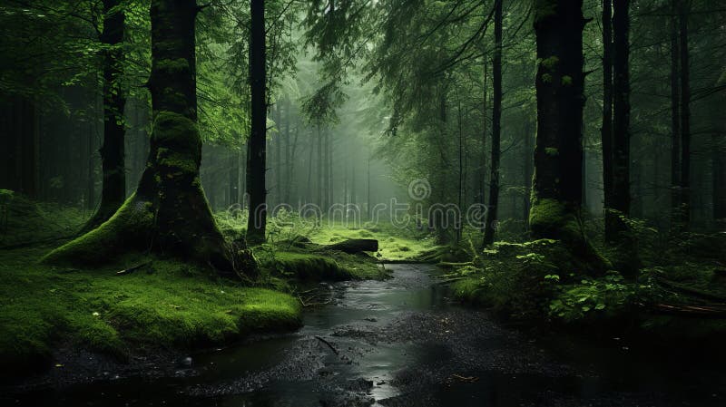Enchanting Image of a Misty Dark Forest Stream Stock Illustration ...