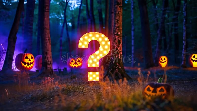 A Whimsical Forest Scene with Glowing Question Marks and Spooky Skulls ...