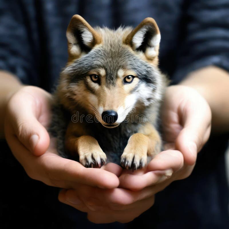 Gentle Hands Cradling a Precious Miniature Wolf with Tender Care Stock ...