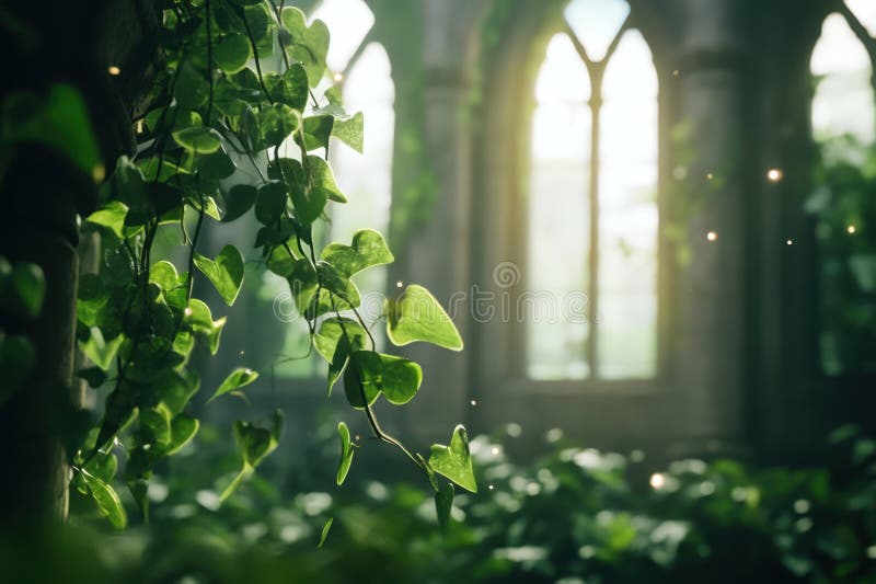 Enchanting Ivy in Sunlit Gothic Ruins with Glowing Particles. Stock ...