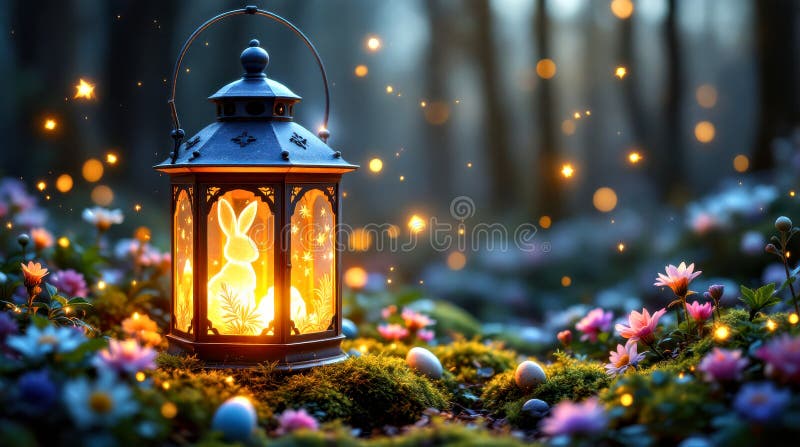 Enchanting Lantern in Mystical Forest with Glowing Rabbit Silhouette ...