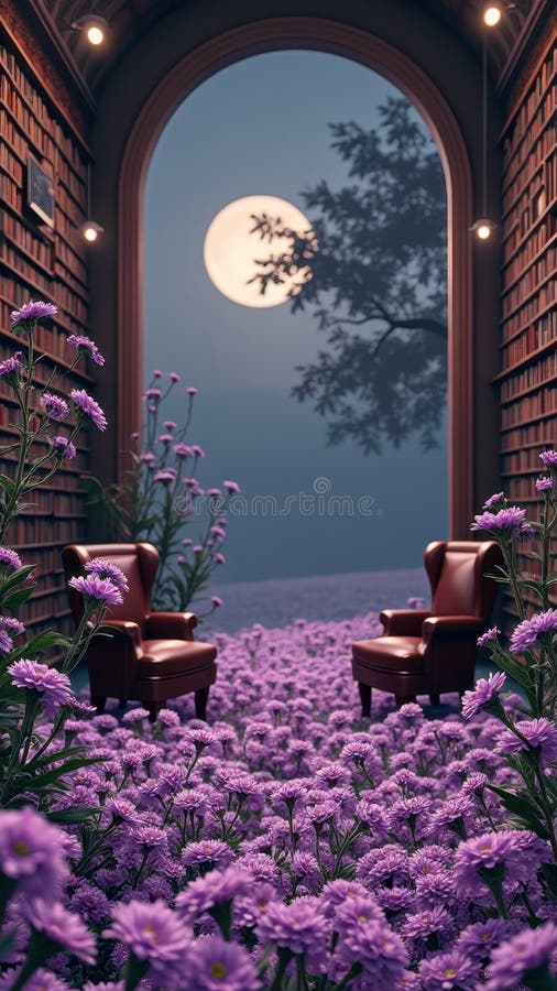 Enchanting Library with Grand Staircase and Cosmic Ceiling Filled with ...