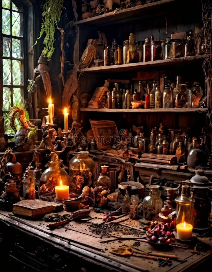 Enchanting Medieval Apothecary with Antique Bottles and Candles Stock ...