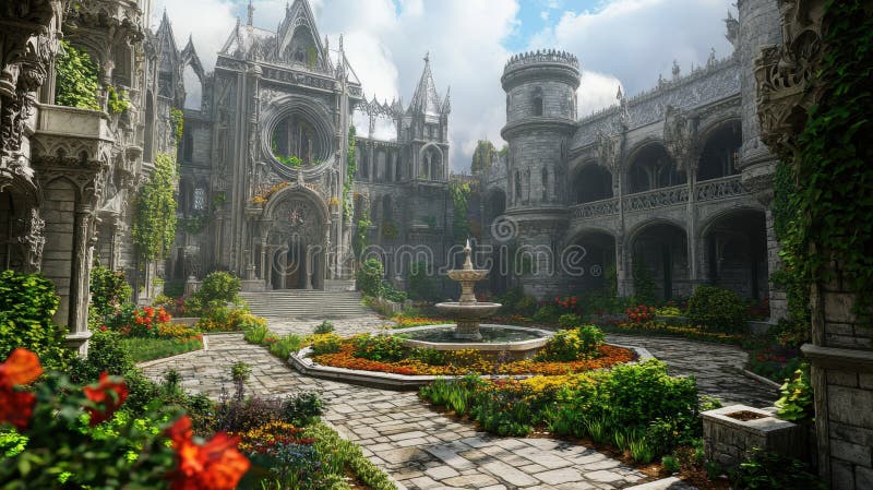 Enchanting Medieval Gothic Cathedral Courtyard with Blooming Garden ...