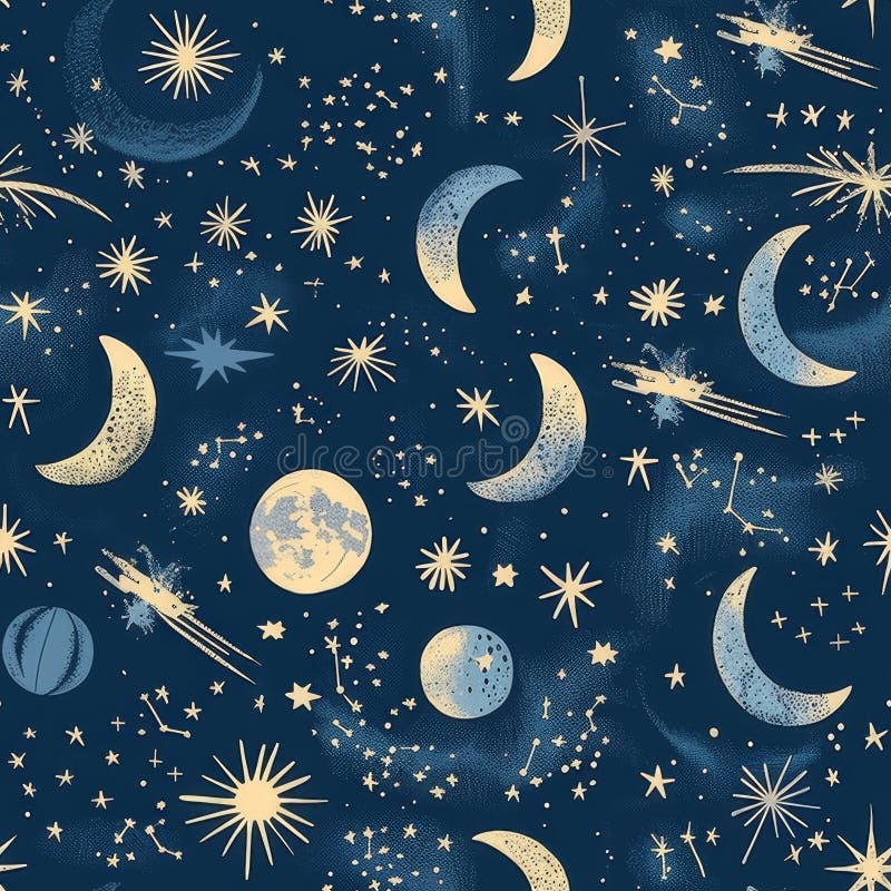 Enchanting Midnight Blue Celestial Pattern with Moons and Stars Stock ...