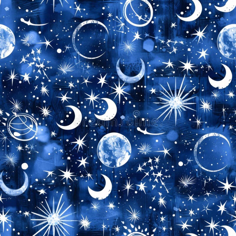 Enchanting Midnight Blue Celestial Patterns with Moons and Stars Stock ...