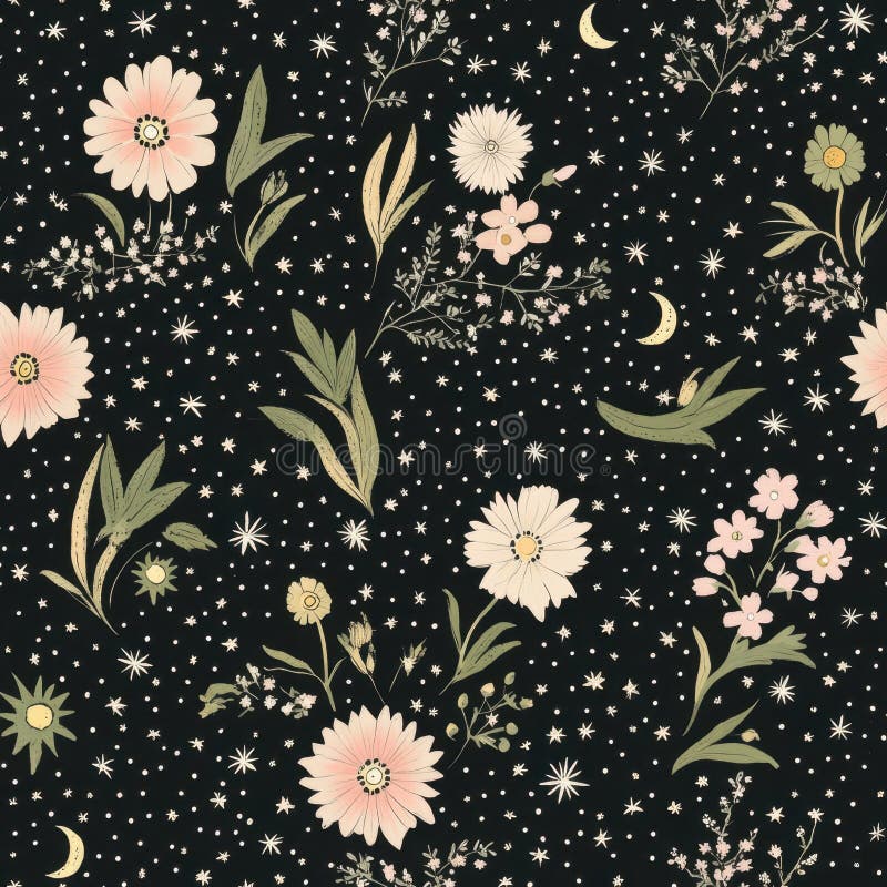 Enchanting Midnight Botanical Garden with Stars and Moons Stock Photo ...