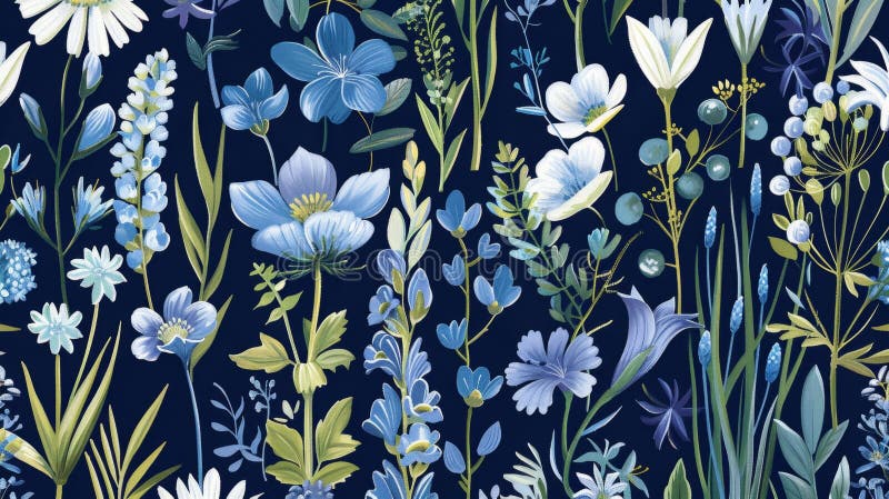 Enchanting Midnight Floral Pattern with Blue Blossoms Stock Photo - Image of repetition, stems ...