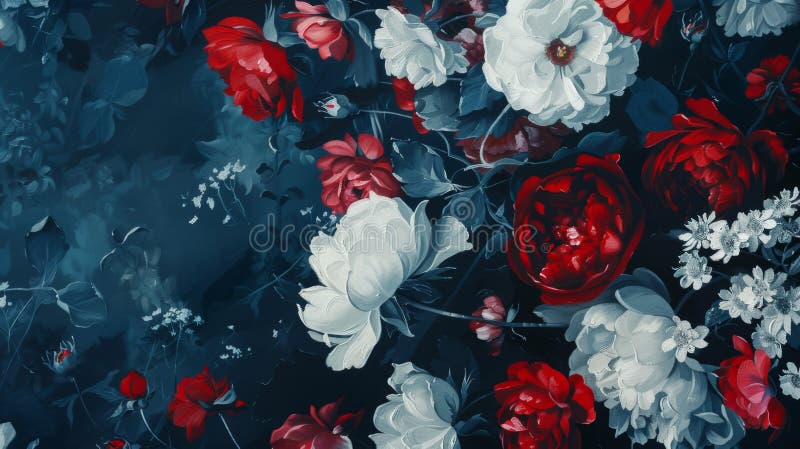Enchanting Midnight Floral Pattern. Red and White Blooms on Dark ...